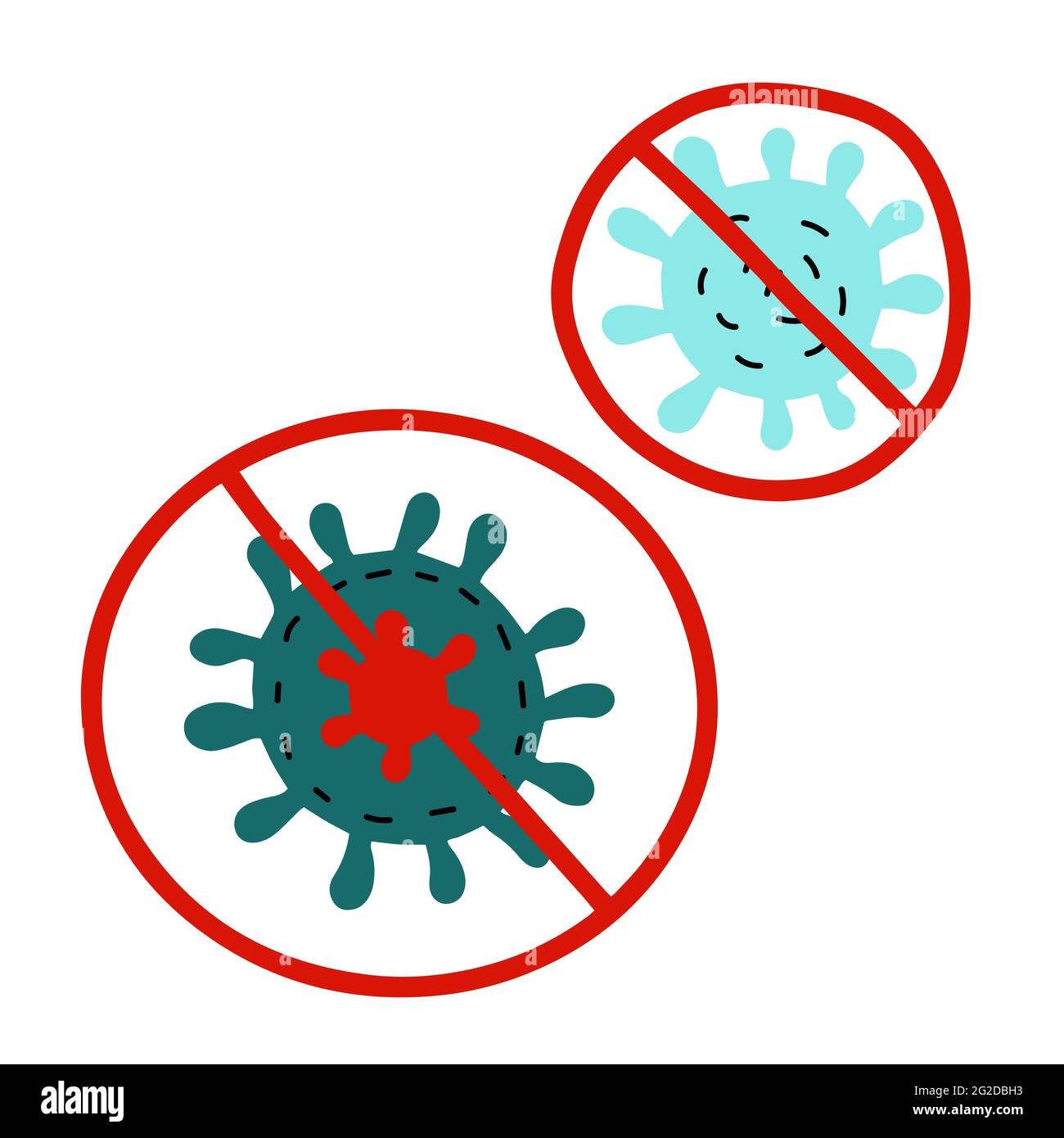 Set di cartelli per il coronavirus Doodle. Barrato rosso, blu cellula virale isolato su sfondo ...