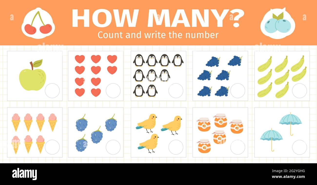 Conteggio matematica gioco bambini. Numeri matematici che contano gioco per bambini, fogli di ...