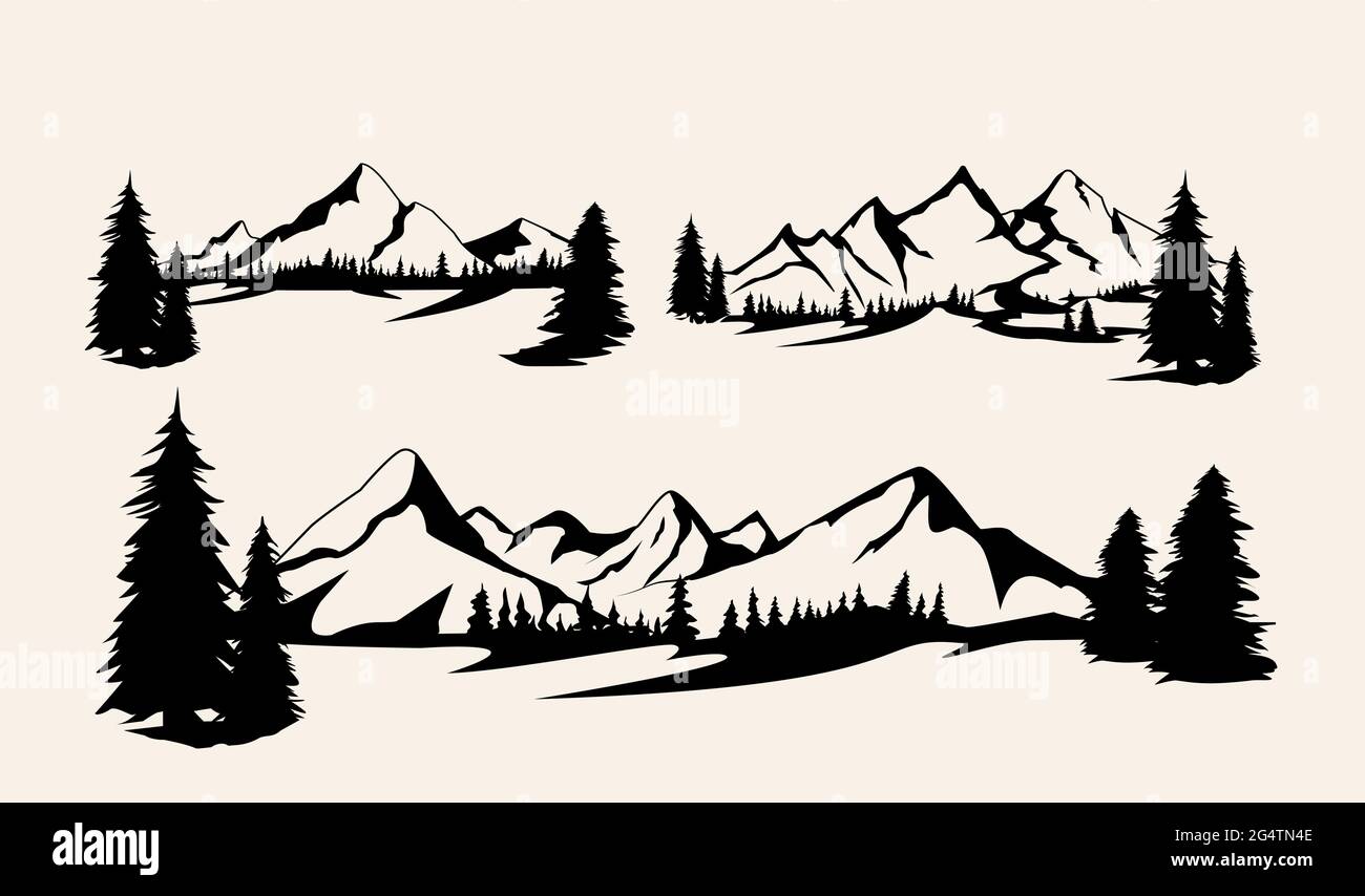 Insieme di montagne. Collezione di paesaggi di montagna stilizzati. Illustrazione in bianco e ...