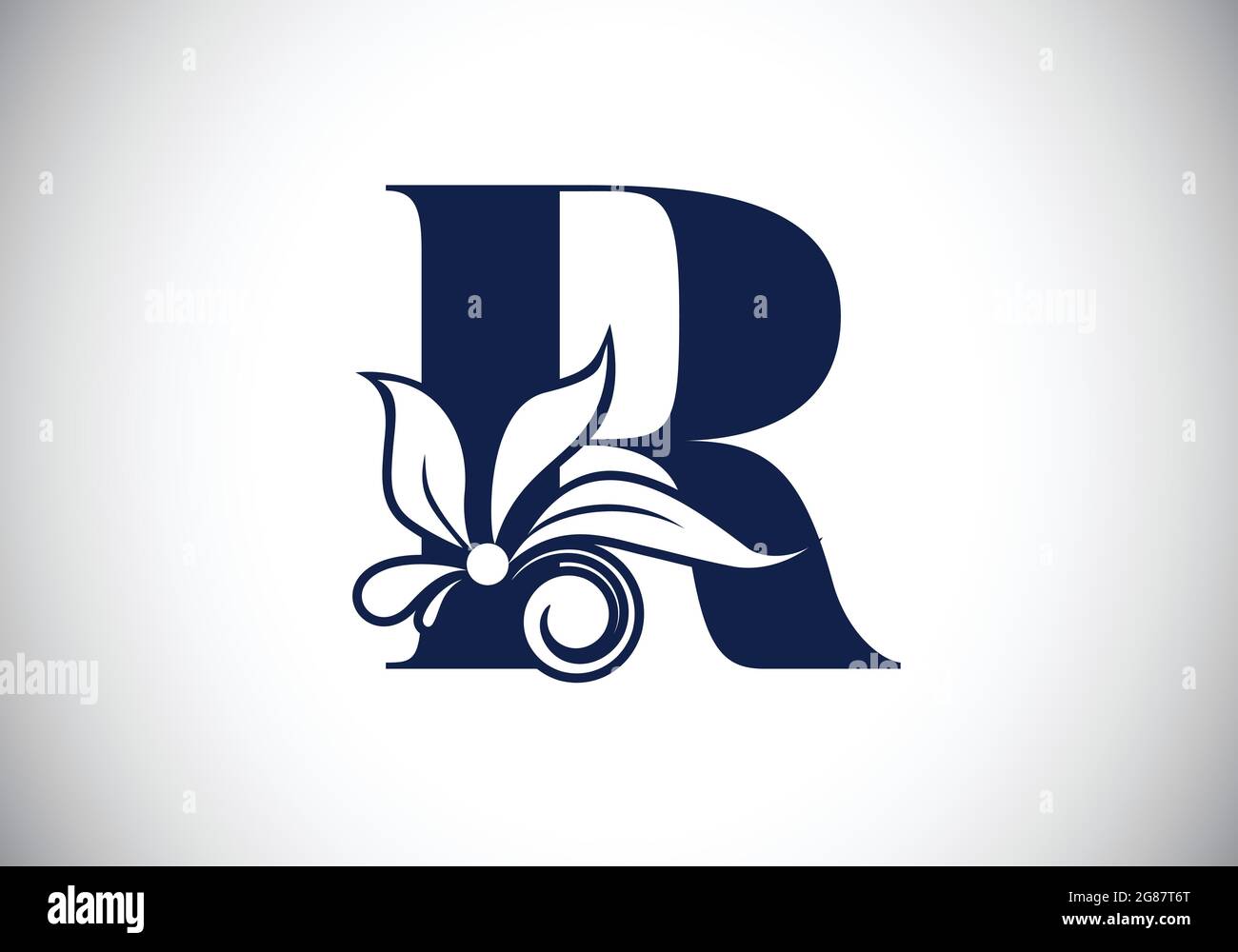 Lettera monogramma floreale R. alfabeto iniziale con elementi botanici ...