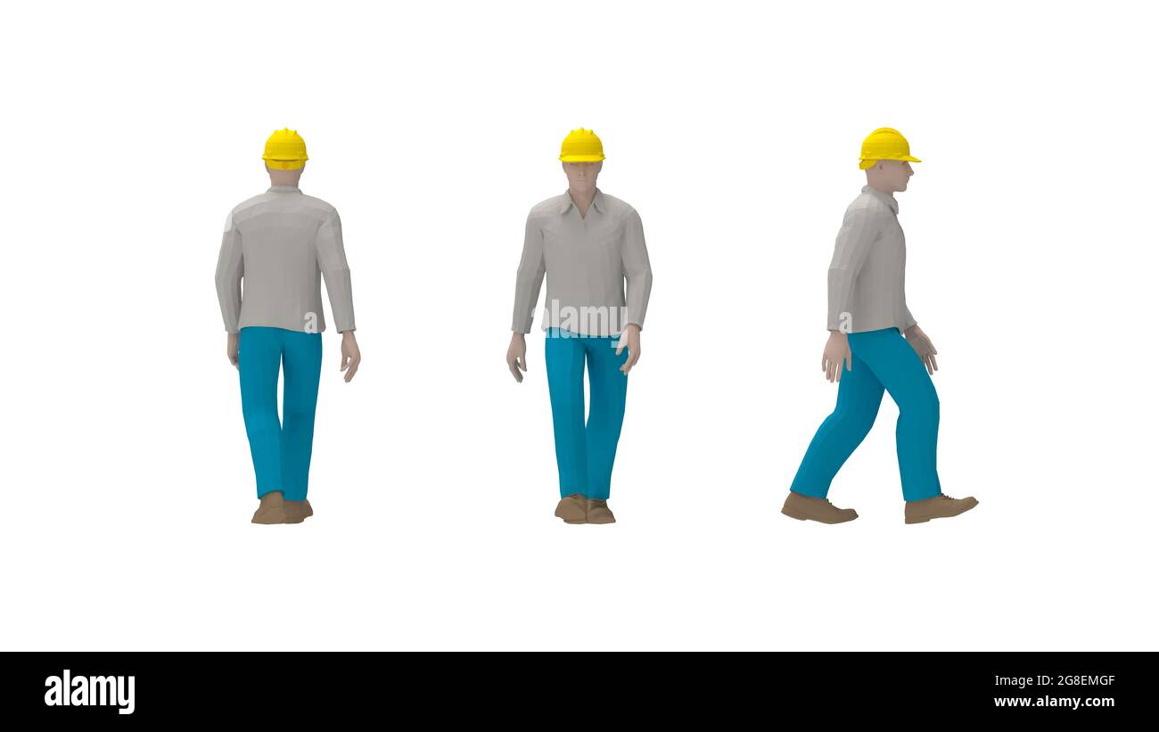 Rendering 3D di un operaio di elmetto con indumenti protettivi uniformi ...