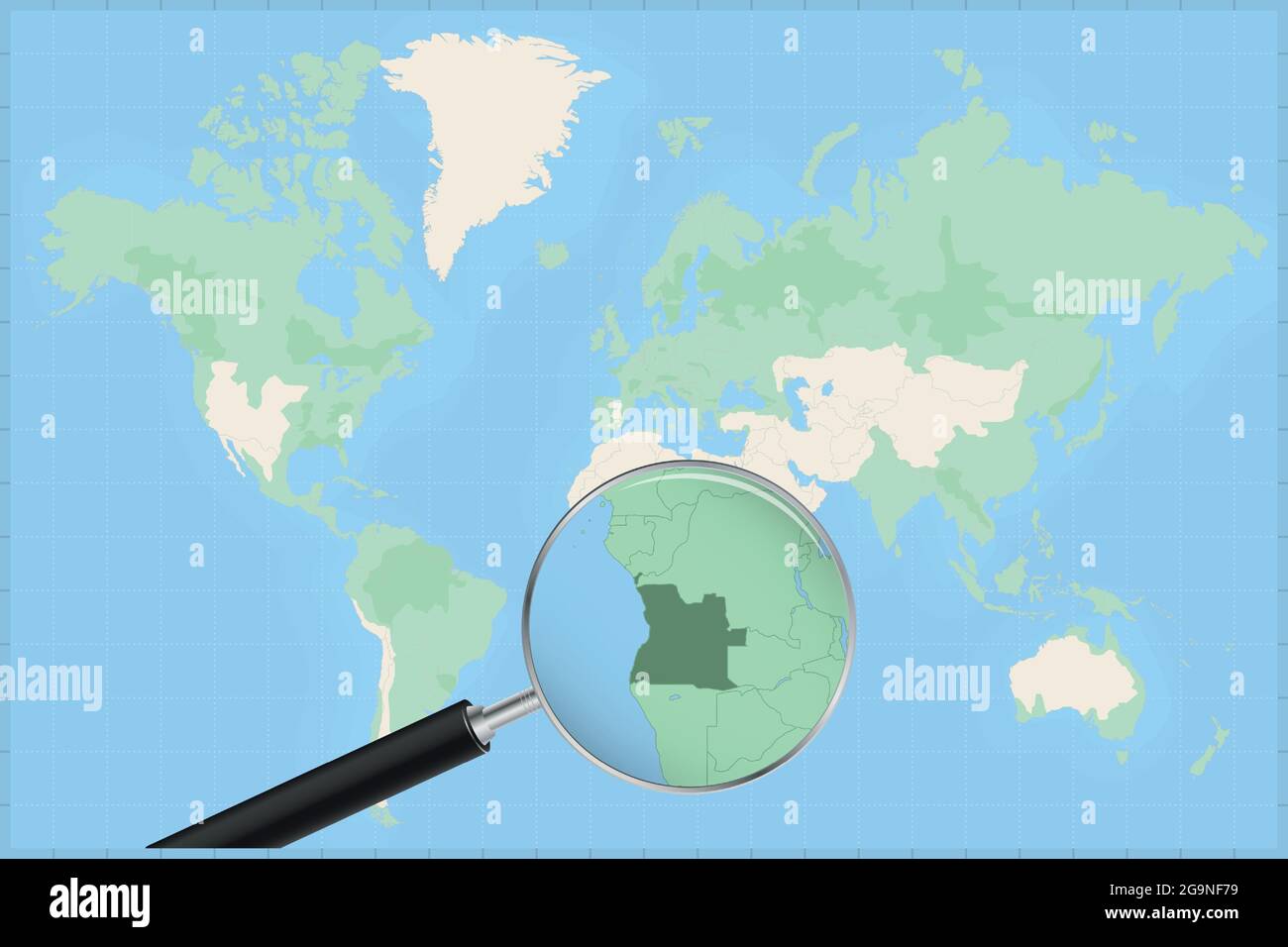 Mappa del mondo con una lente d'ingrandimento su una mappa dell'Angola ...