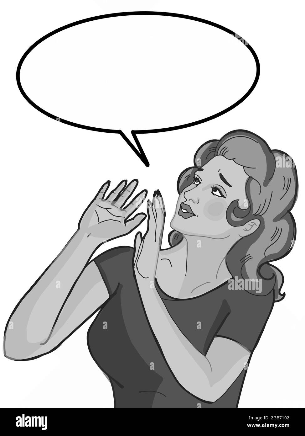 cartoon,pop art, donna che guarda in su, illustrazione preoccupata ...