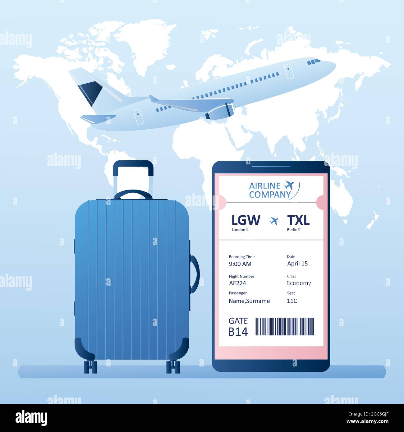 Decollo aereo, valigia grande e smartphone con check-in online ...