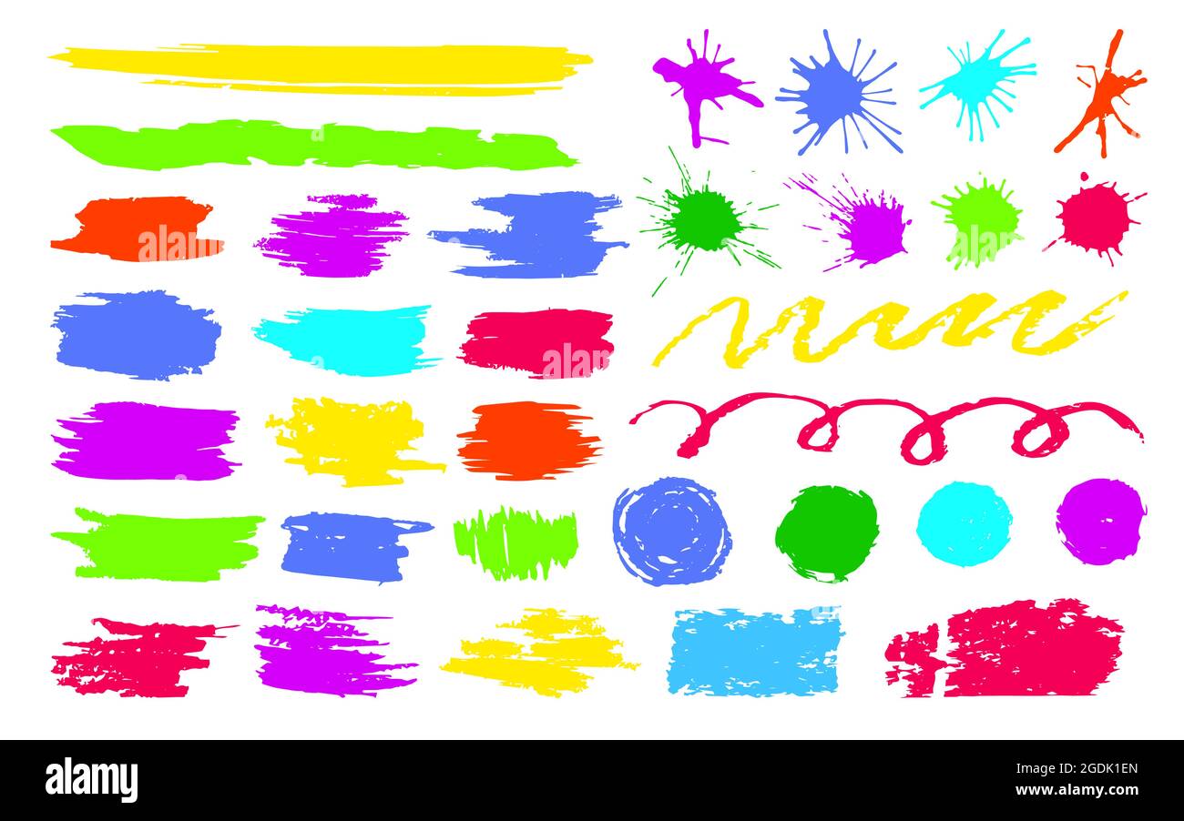 Set di pennelli, punti di grunge, schizzi con gocce, ricci, strisce, pennellate, macchie e ...