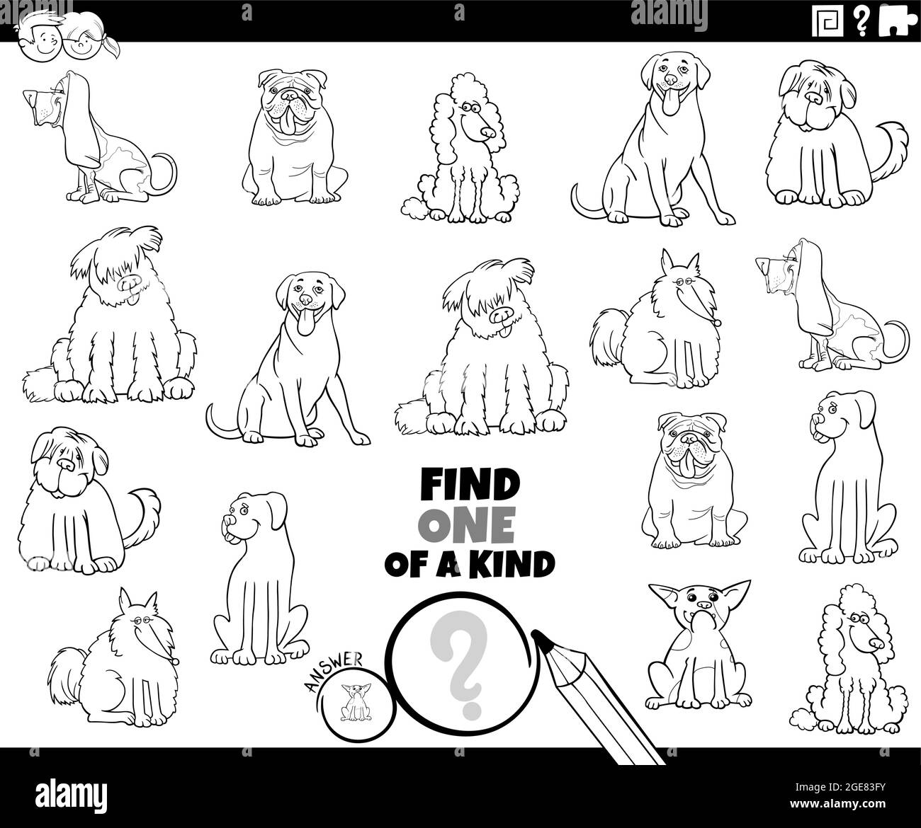 Illustrazione cartoon in bianco e nero di trovare uno di un tipo di ...