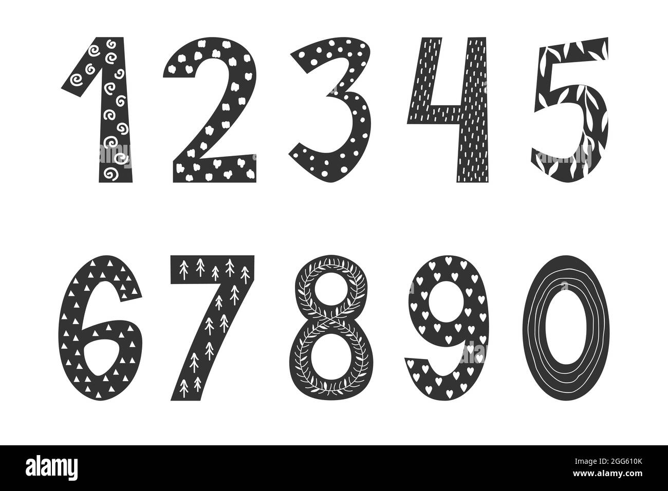 Numeri disegnati a mano in stile boho scandinavo. Simpatici simboli ...