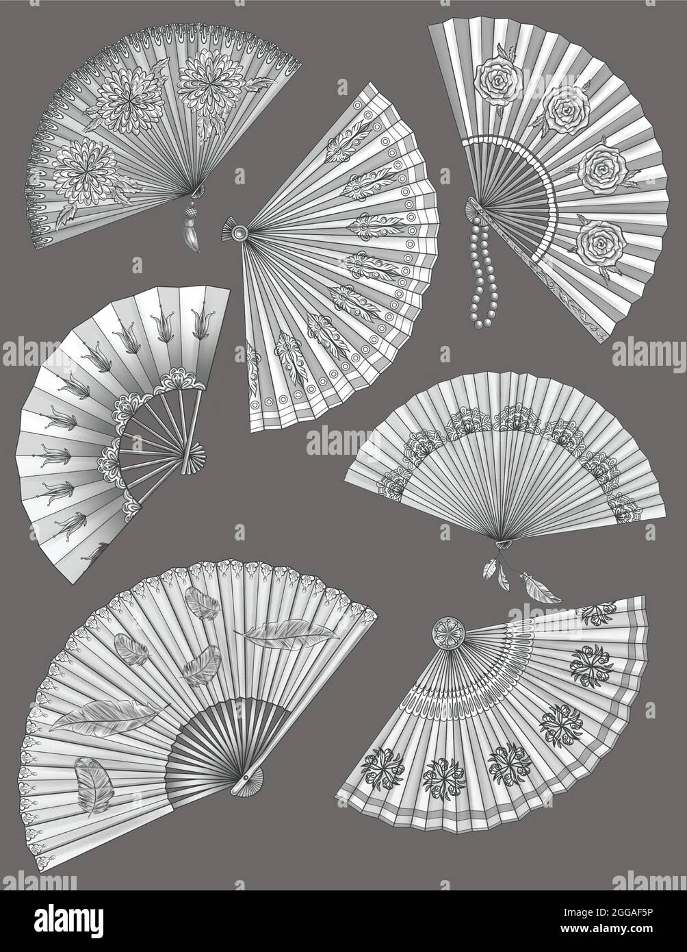 Diversi disegni di antico pieghevole ventilatore palmare incolore linea ...