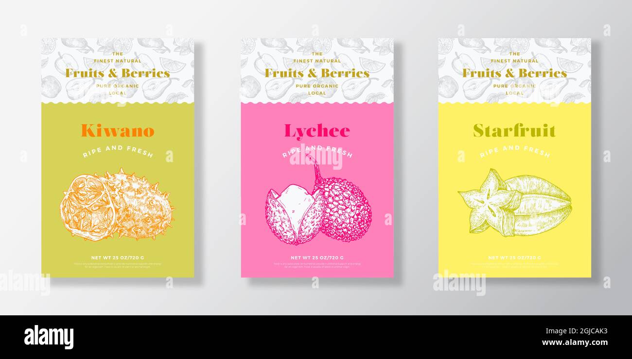 Set di modelli di etichette per frutta e Berries Pattern. Collezione di ...