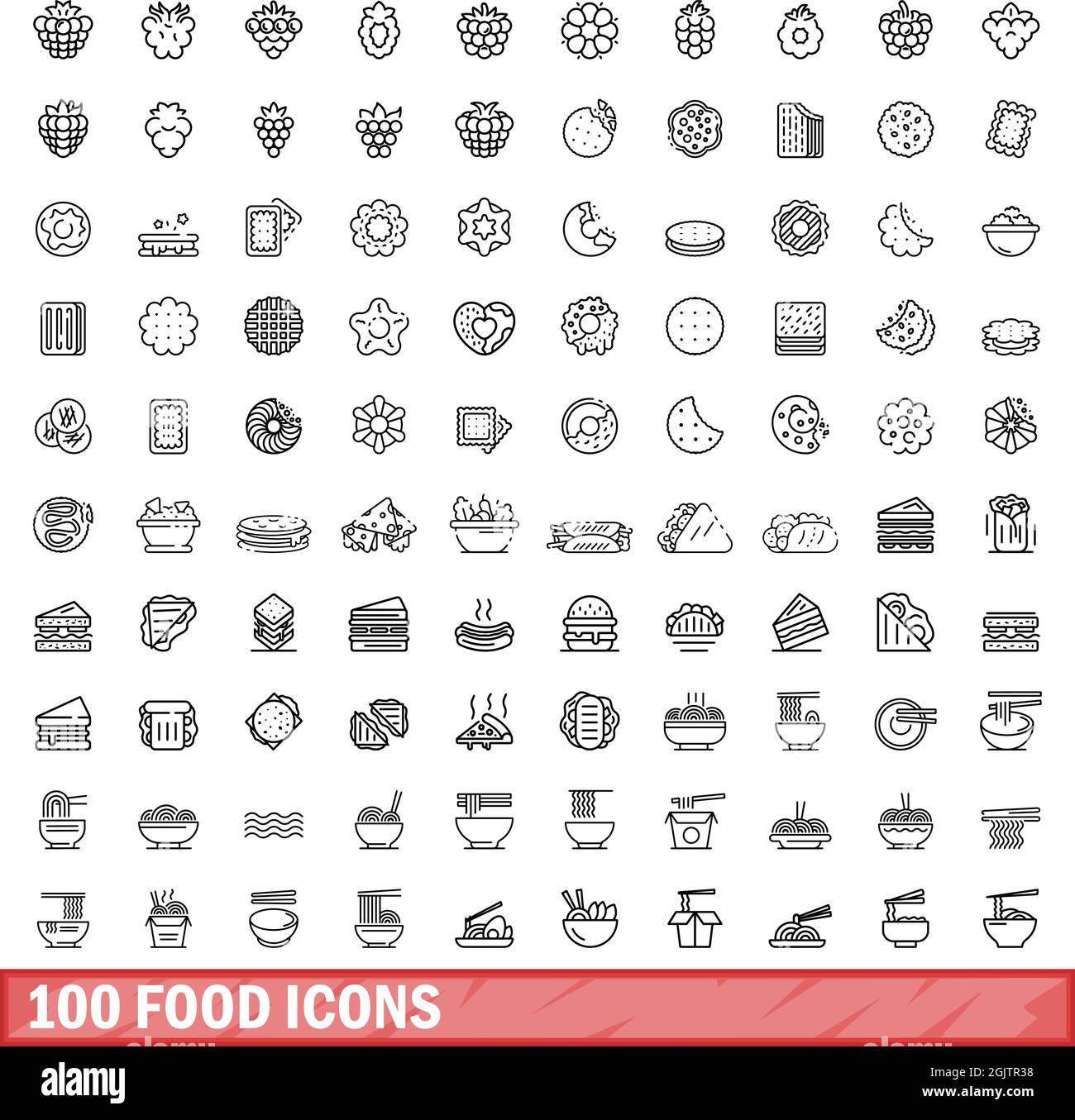 100 icone alimentari impostate. Illustrazione del contorno di 100 icone ...
