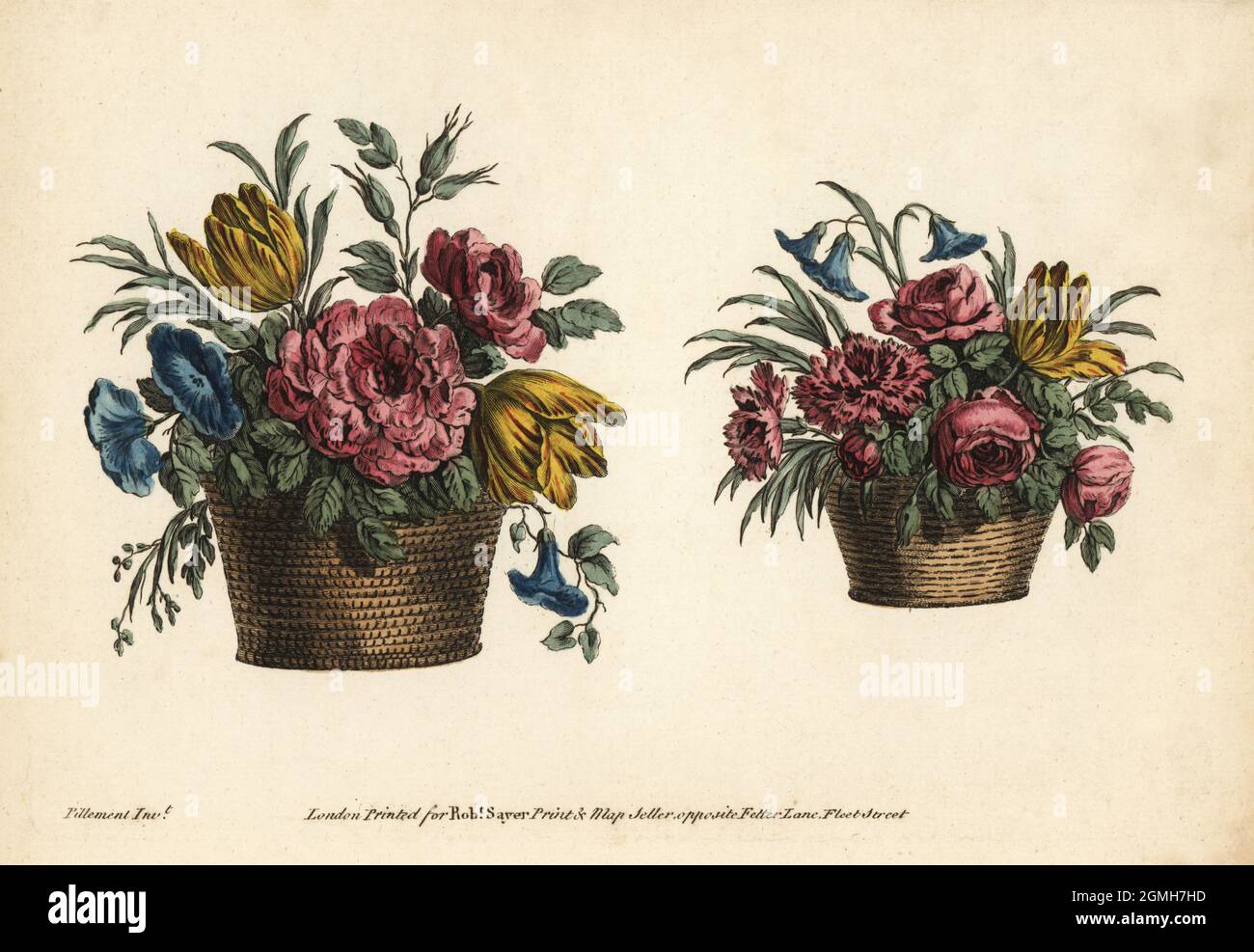 Due cesti decorativi di tulipani, rose e altri fiori. Esemplari di arte ...