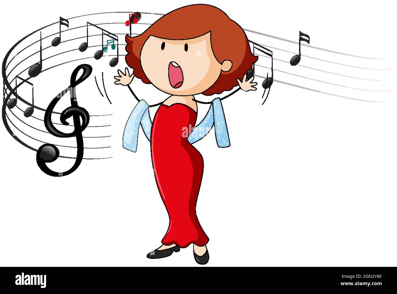 Doodle cartoon personaggio di una cantante donna che canta con musical ...