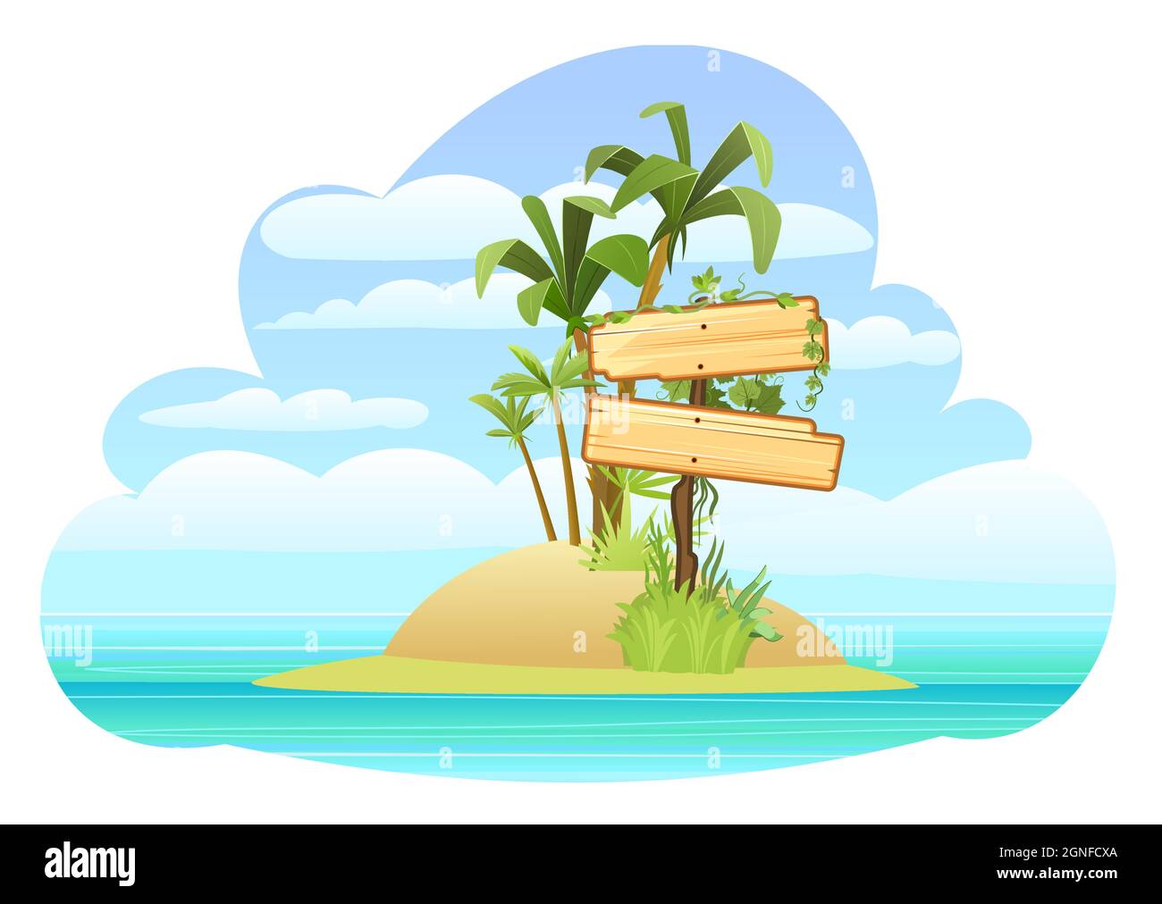 Cartello in legno sull'isola nell'oceano. Stile cartoon. Mare blu e ...