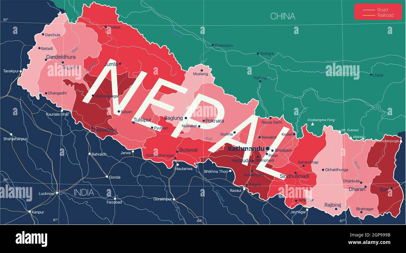Nepal paese Mappa dettagliata modificabile con regioni città e città ...