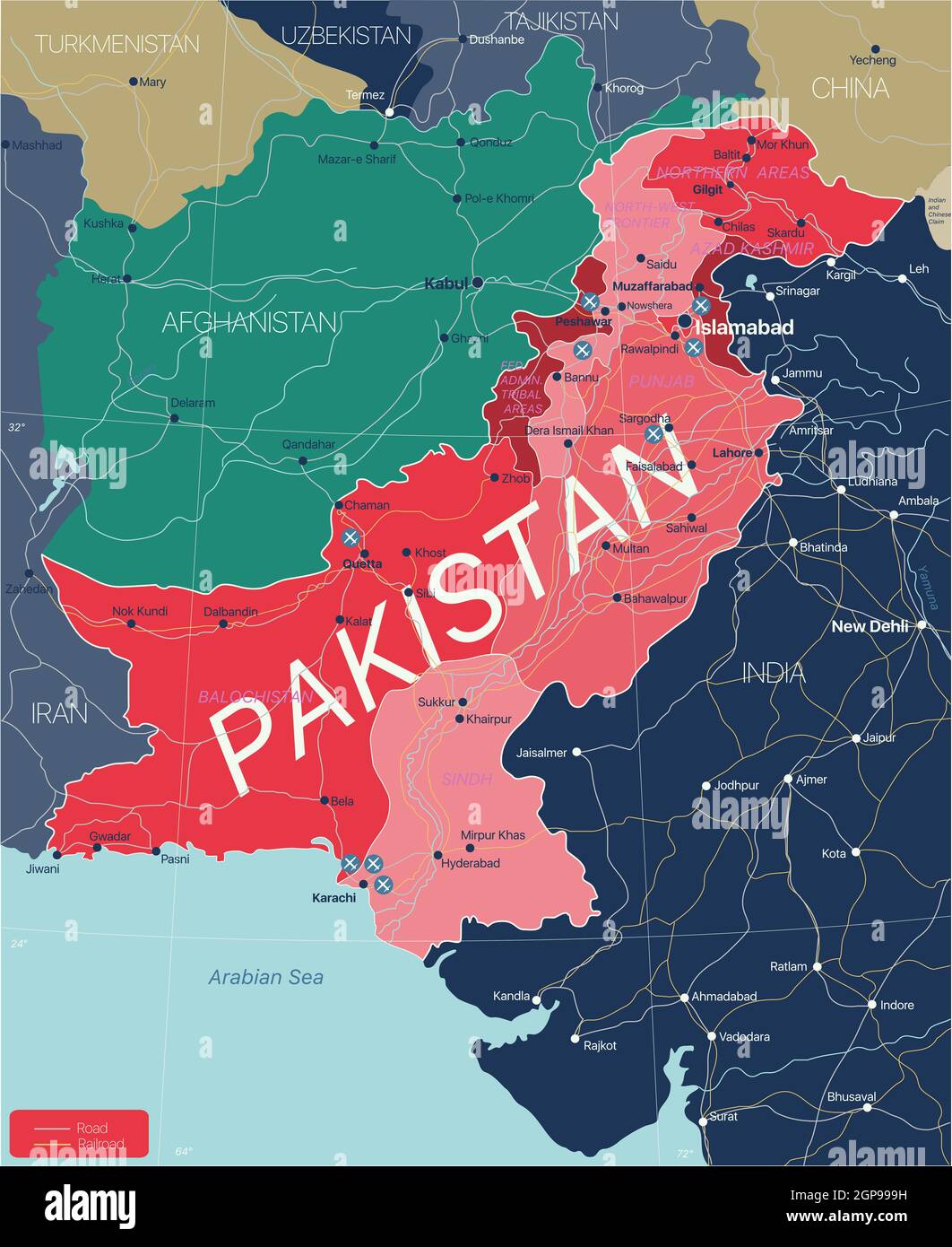 Pakistan paese Mappa dettagliata modificabile con regioni città e città ...