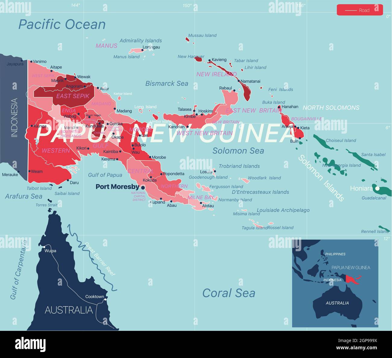 Papua Nuova Guinea mappa dettagliata modificabile con regioni città e ...