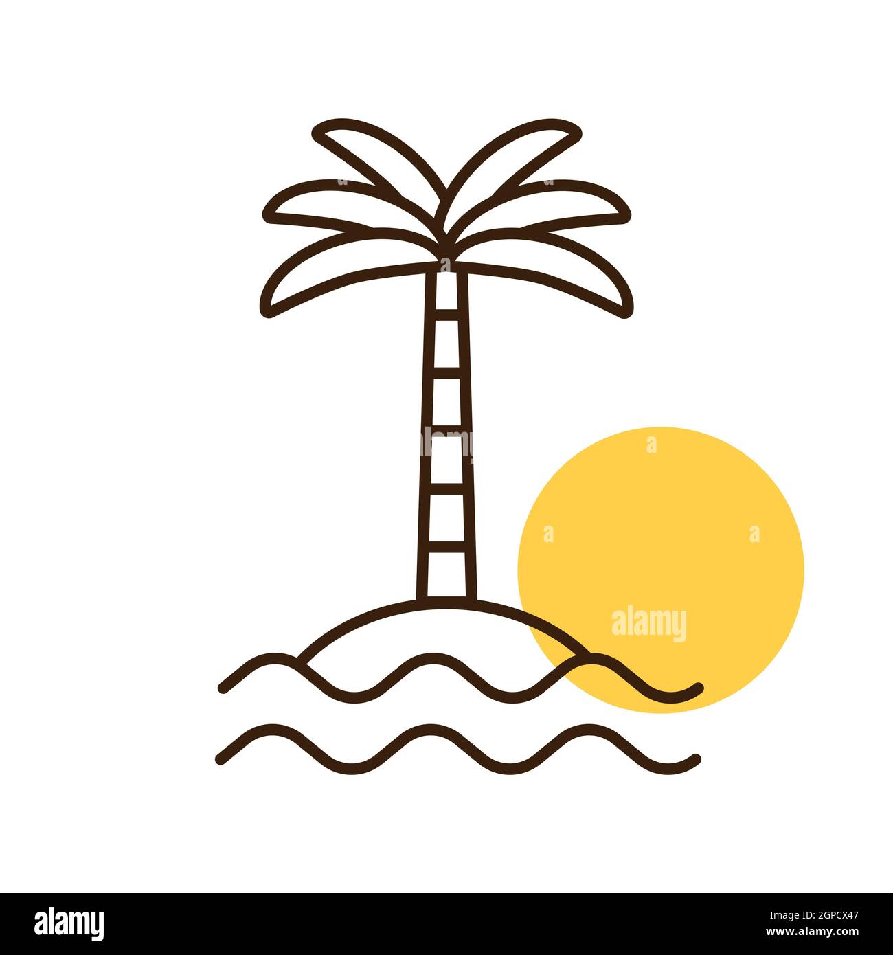 Palma tropicale sull'isola con icona vettoriale delle onde del mare ...
