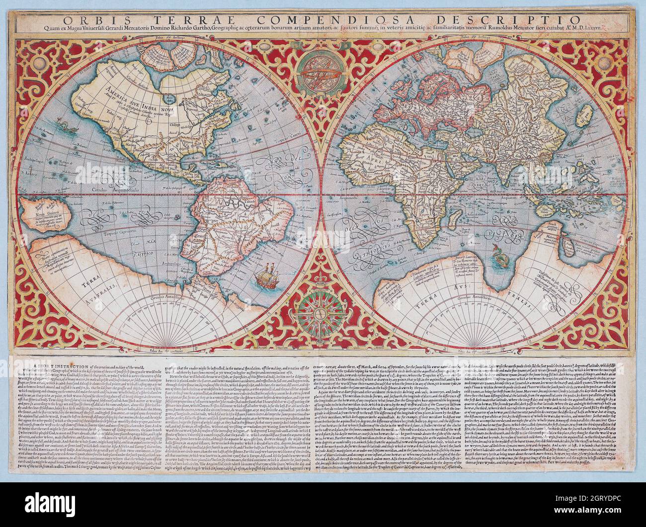 Vintage World Map 1637 - Mappa di due emisferi del mondo. Mercator, Gerhard, 1512-1594 ...