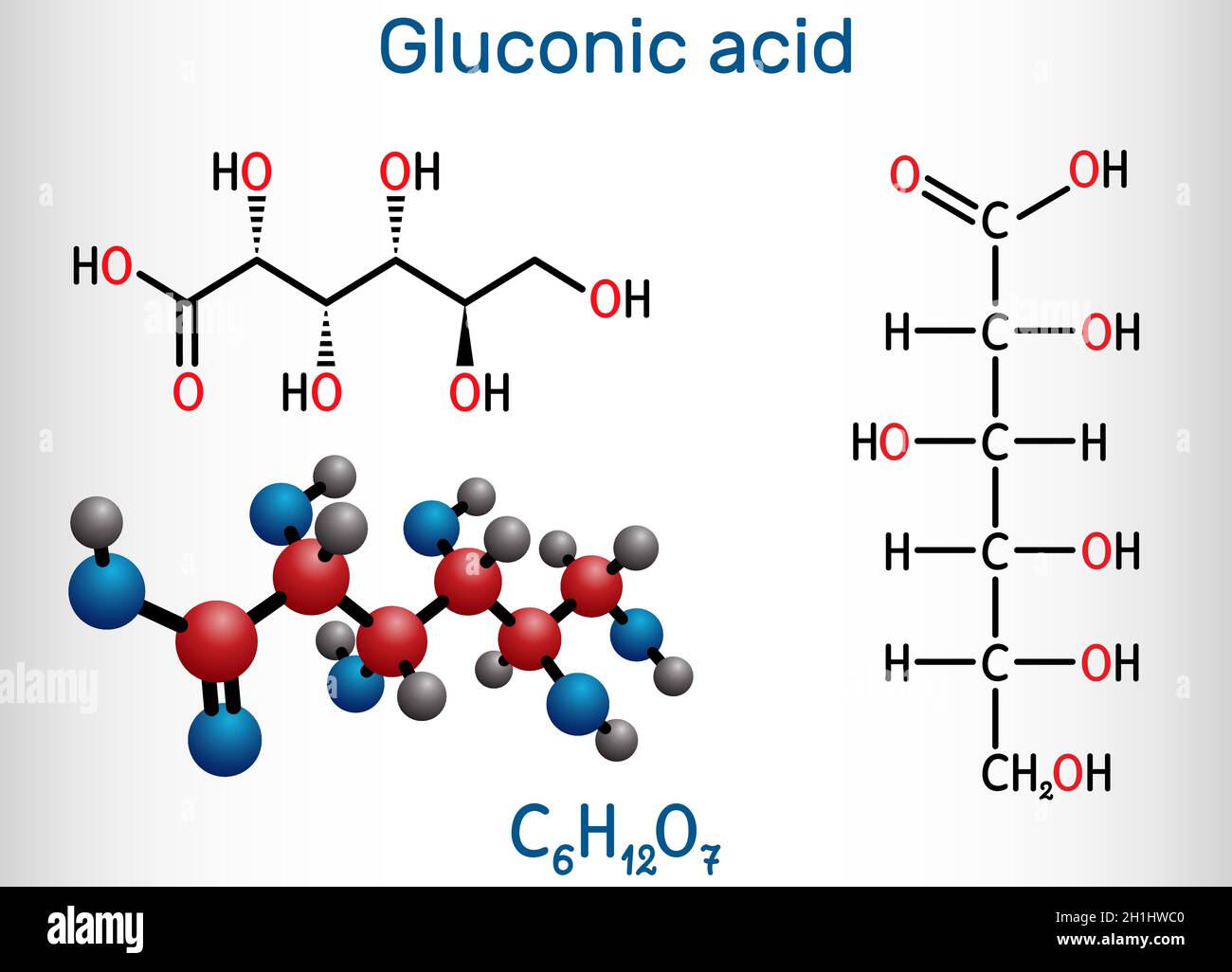 Acido gluconico, molecola C6H12O7. È PHA, poliidrossi acido. Il sale è ...