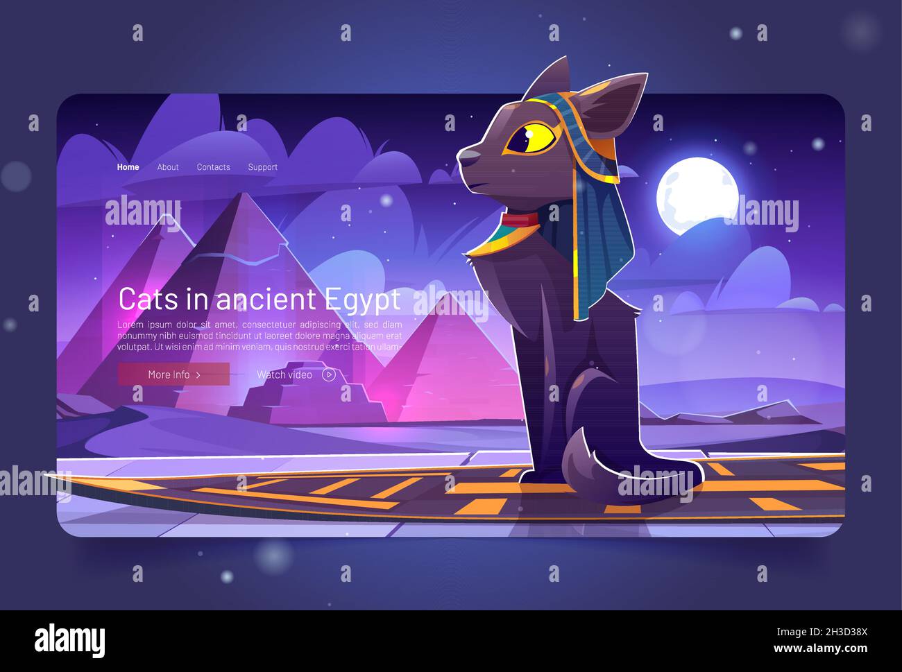 Cat in antico Egitto cartoon landing page. Bastet dea seduta al piano ...