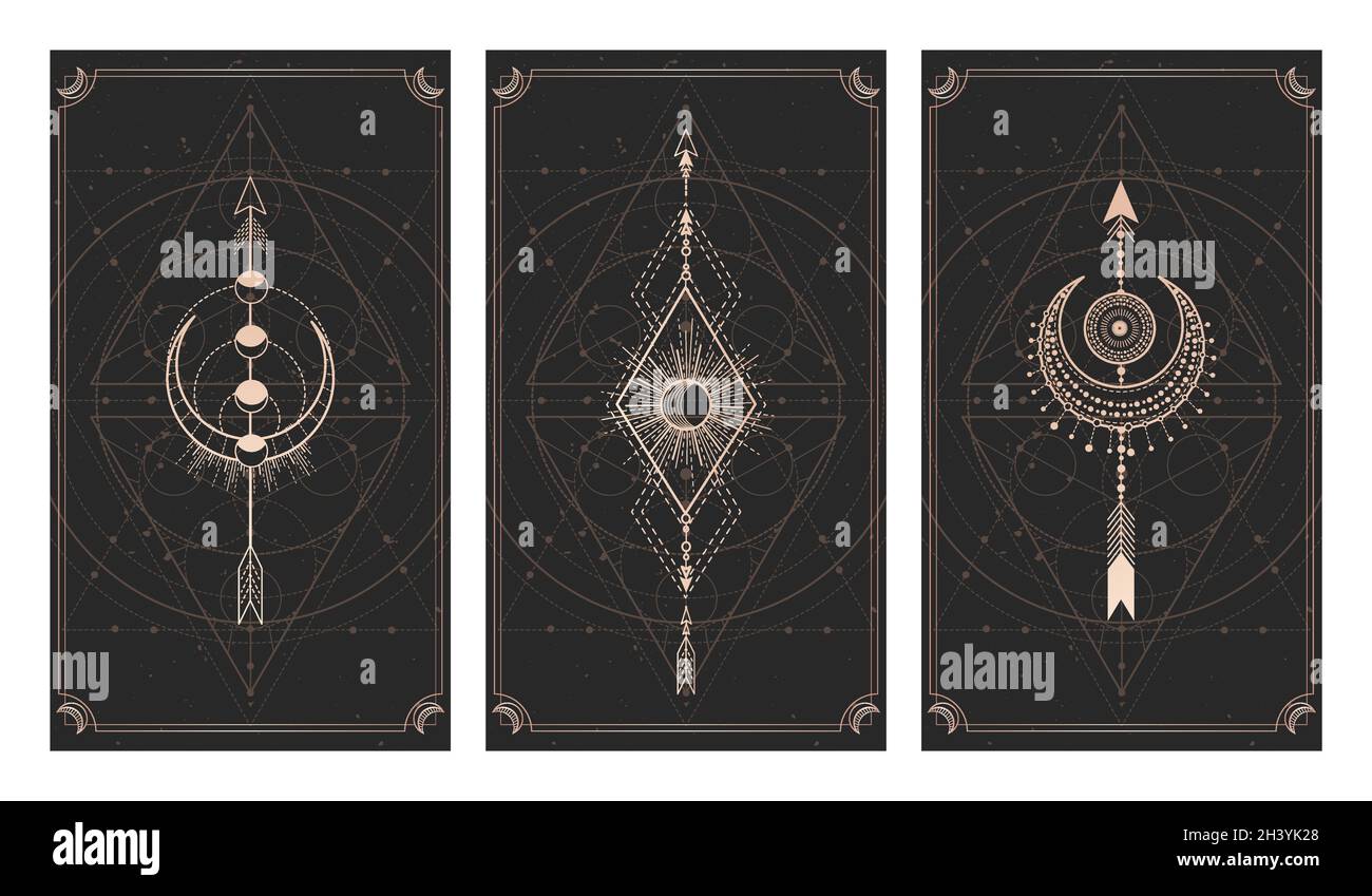 Insieme vettoriale di tre sfondi scuri con simboli geometrici, trame ...