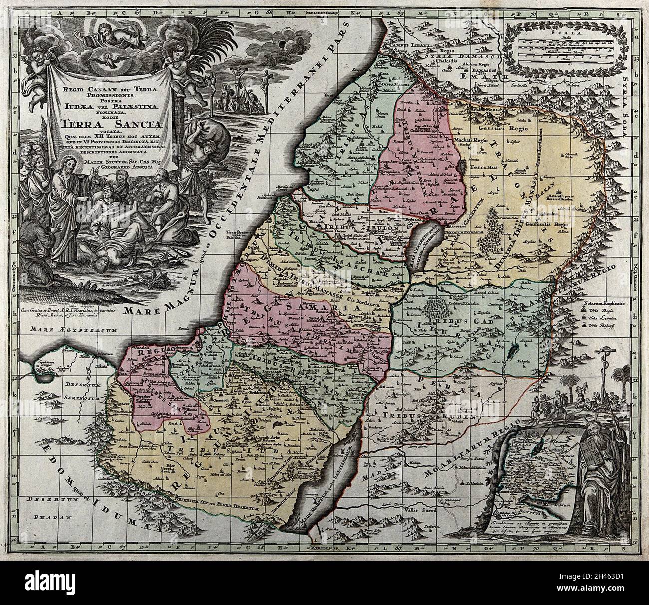 Una mappa della Palestina biblica con tre scene bibliche: Mosè e i ...