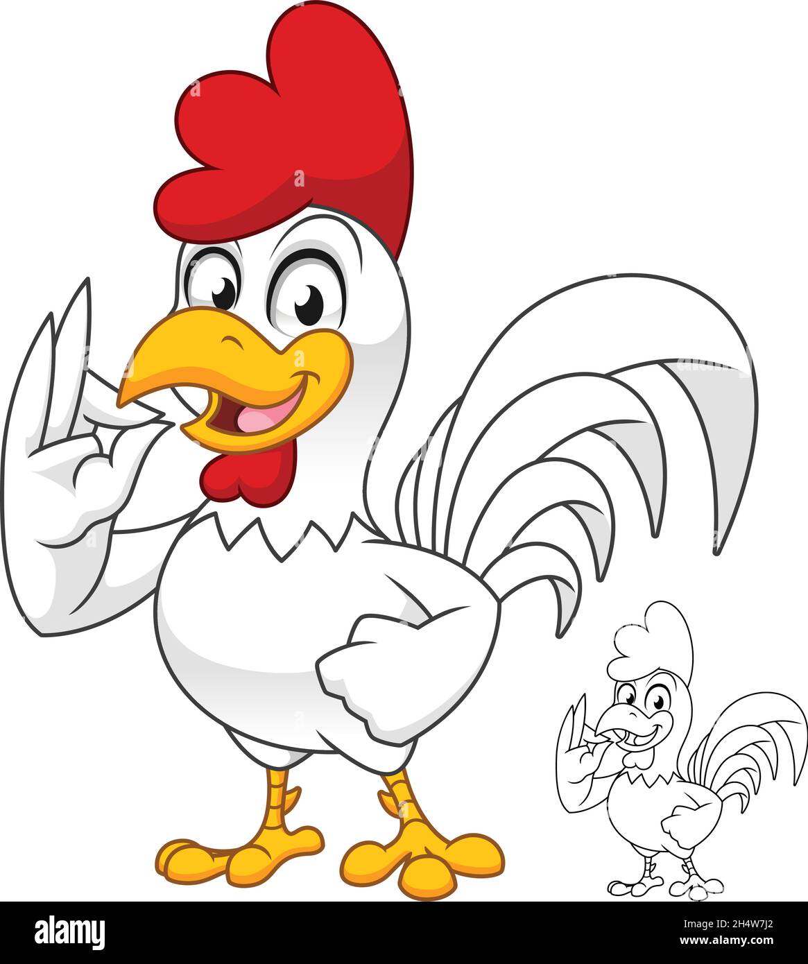 Rooster con OK Hand Sign con Line Art Drawing, Birds Rooster e polli ...