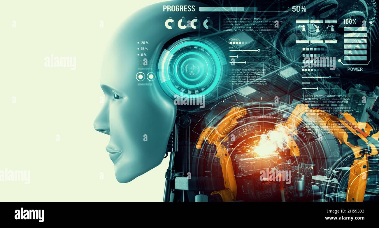 Immagine a doppia esposizione di robot e bracci robotici dell'industria ... Immagine a doppia esposizione di robot e bracci robotici dell'industria ...