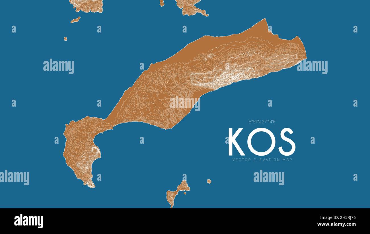Mappa topografica di Kos, Grecia. Mappa dettagliata di elevazione ...