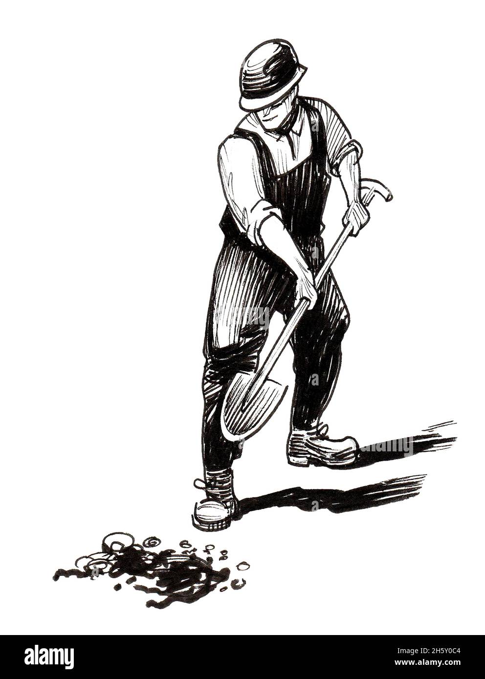 Lavoratore scavando terra. Disegno in bianco e nero con inchiostro Foto ...
