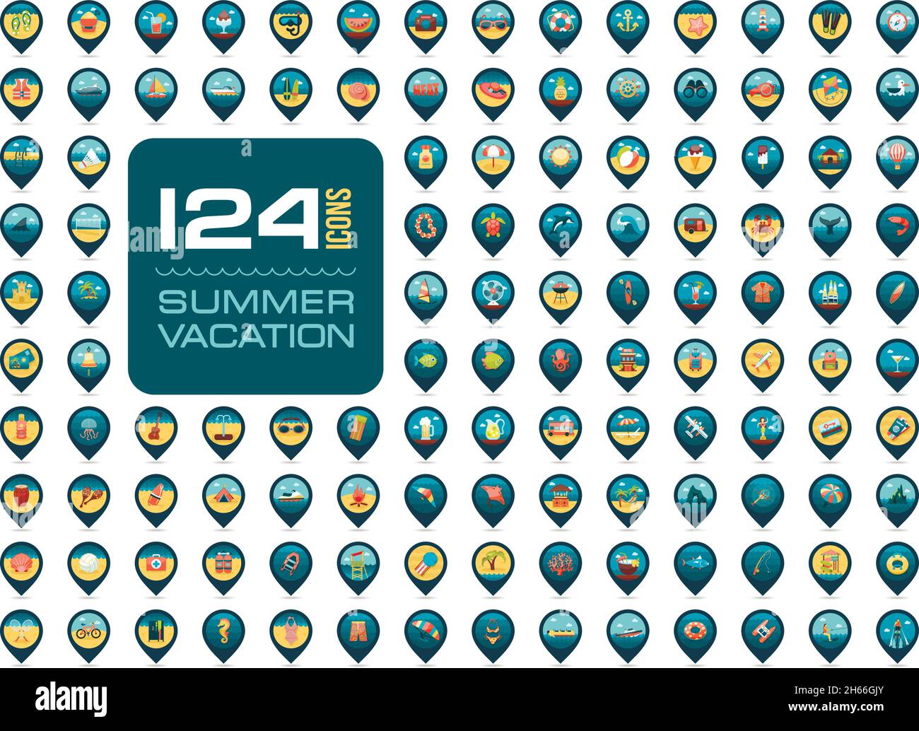 Set di icone mappa puntina vettore estate. Puntatore mappa spiaggia ...