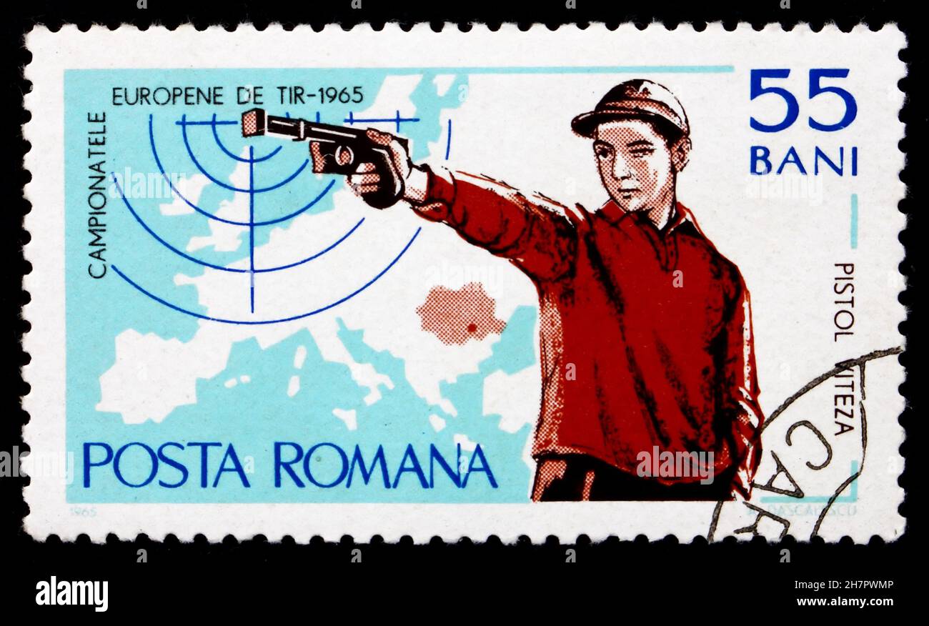 ROMANIA - CIRCA 1965: Un francobollo stampato in Romania mostra pistola ...