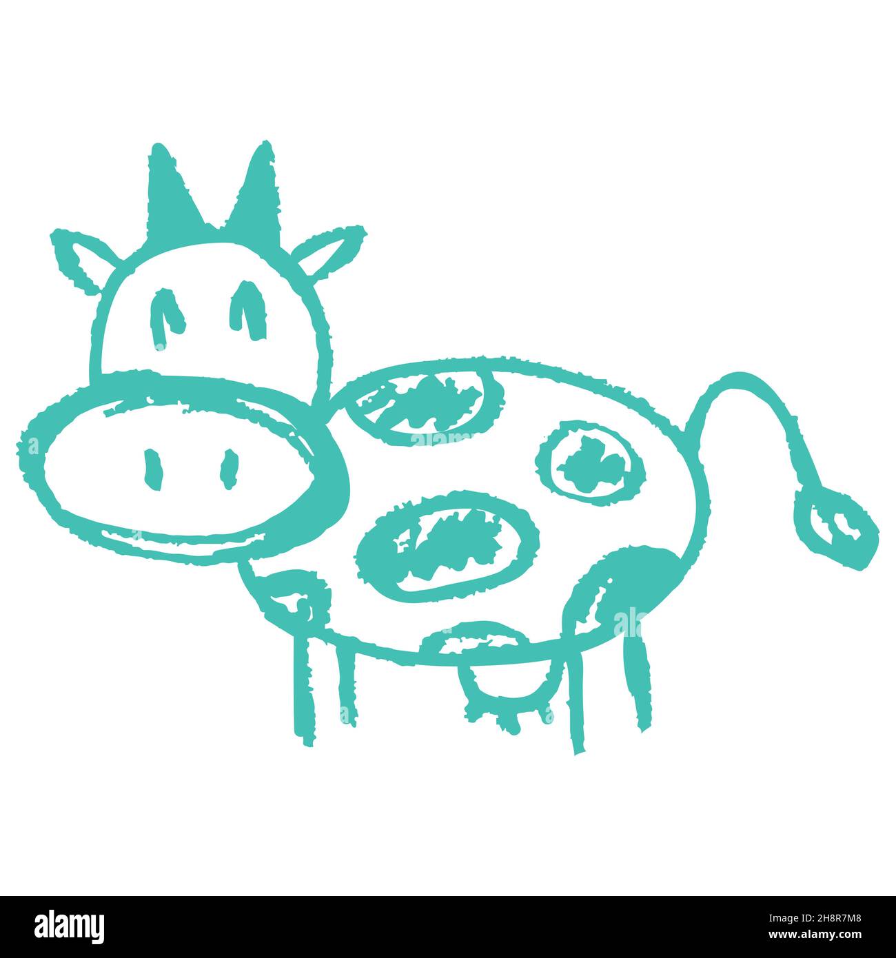 Mucca. Icona in stile disegno a mano. Disegno con pastelli di cera ...