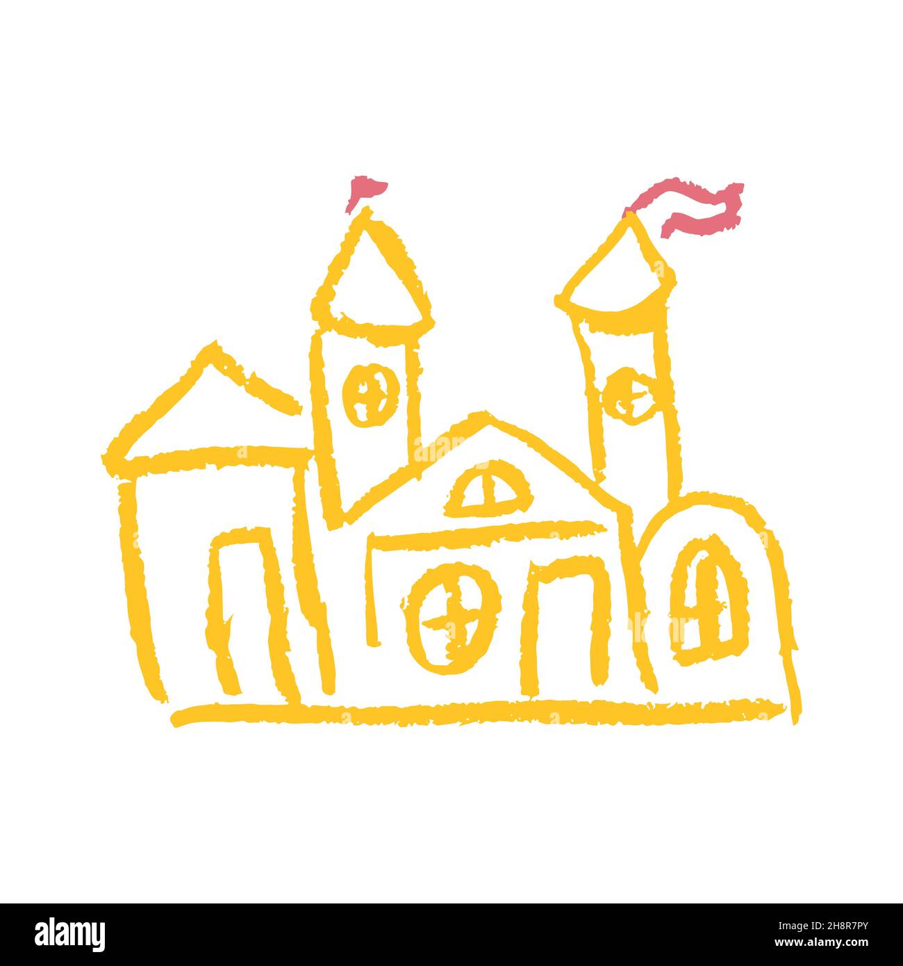Castello. Icona in stile disegno a mano. Disegno con pastelli di cera ...