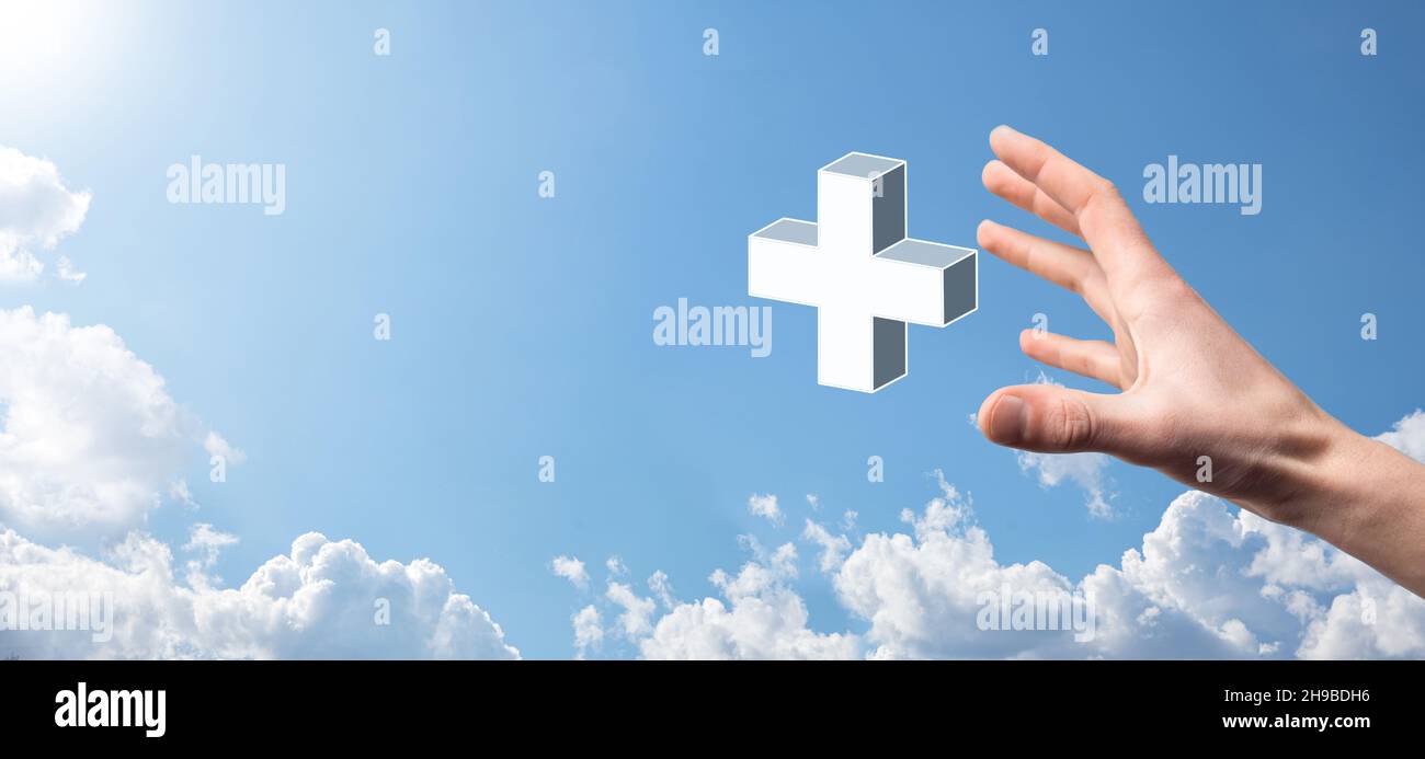 Icona Hand Hold 3D Plus, l'uomo in mano offre qualcosa di positivo come ...