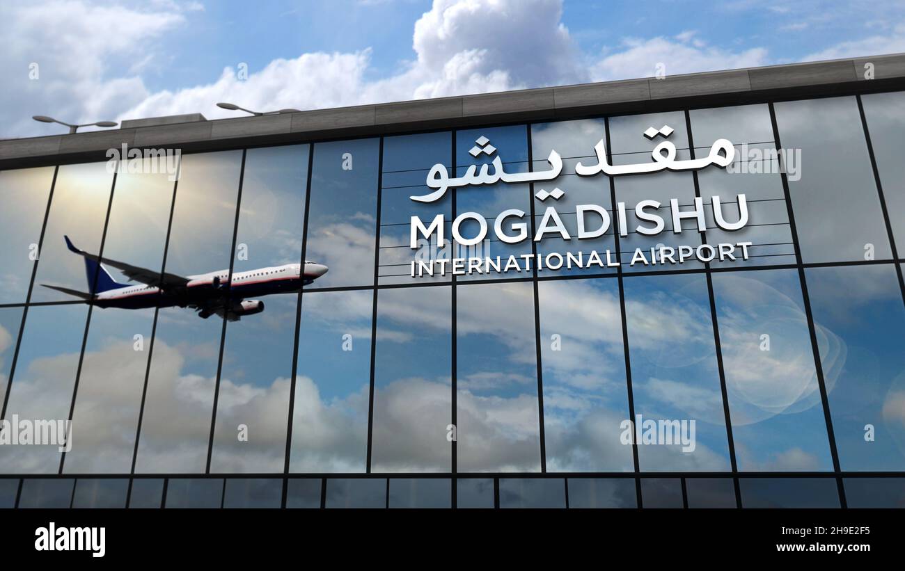 Aereo che atterra a Mogadiscio, Somalia illustrazione di rendering 3D ...