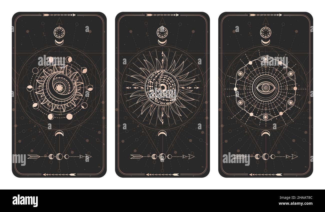 Insieme vettoriale di tre sfondi scuri con simboli geometrici, trame ...