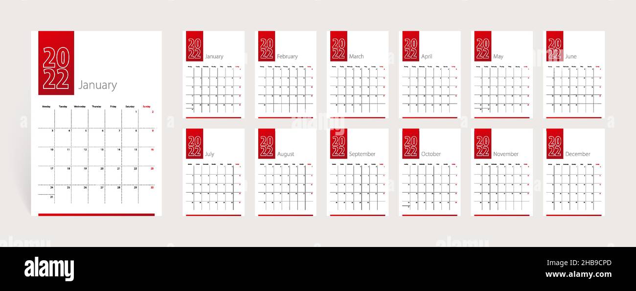 2022 calendario, set di 12 mesi. La settimana inizia il lunedì. Modello ...