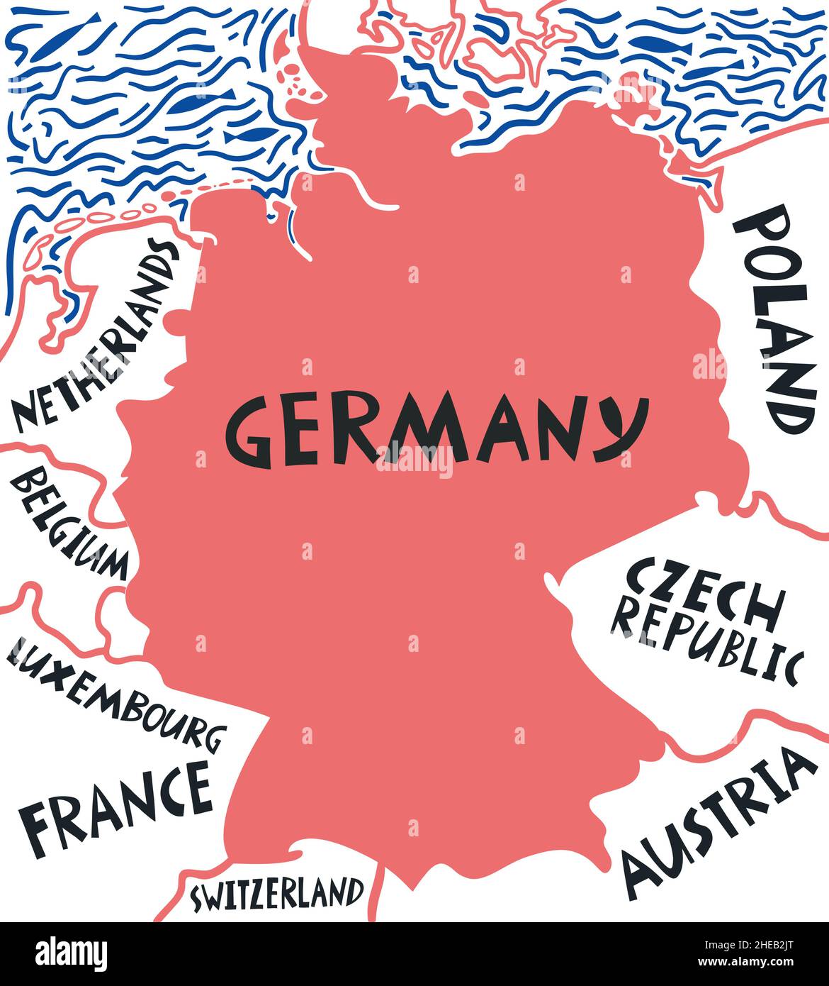 Mappa stilizzata a mano vettoriale dei paesi vicini alla Germania ...