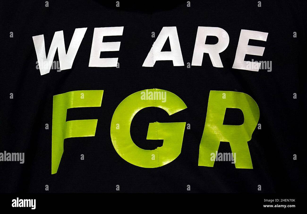 Primo piano del marchio "We are FGR" durante la partita Sky Bet League ...
