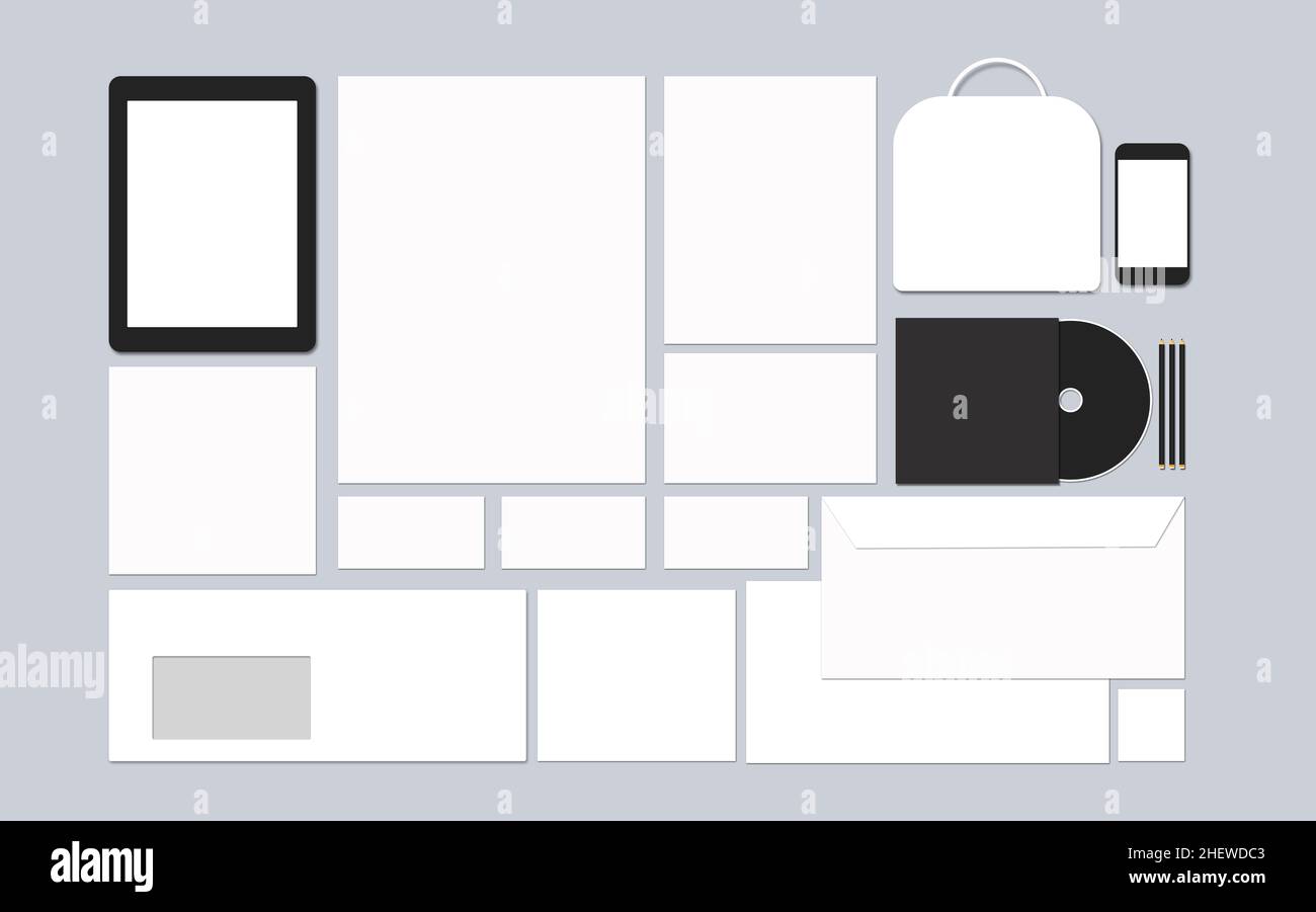 Modello di Mockup per il branding. Set di bianchi su sfondo grigio ...