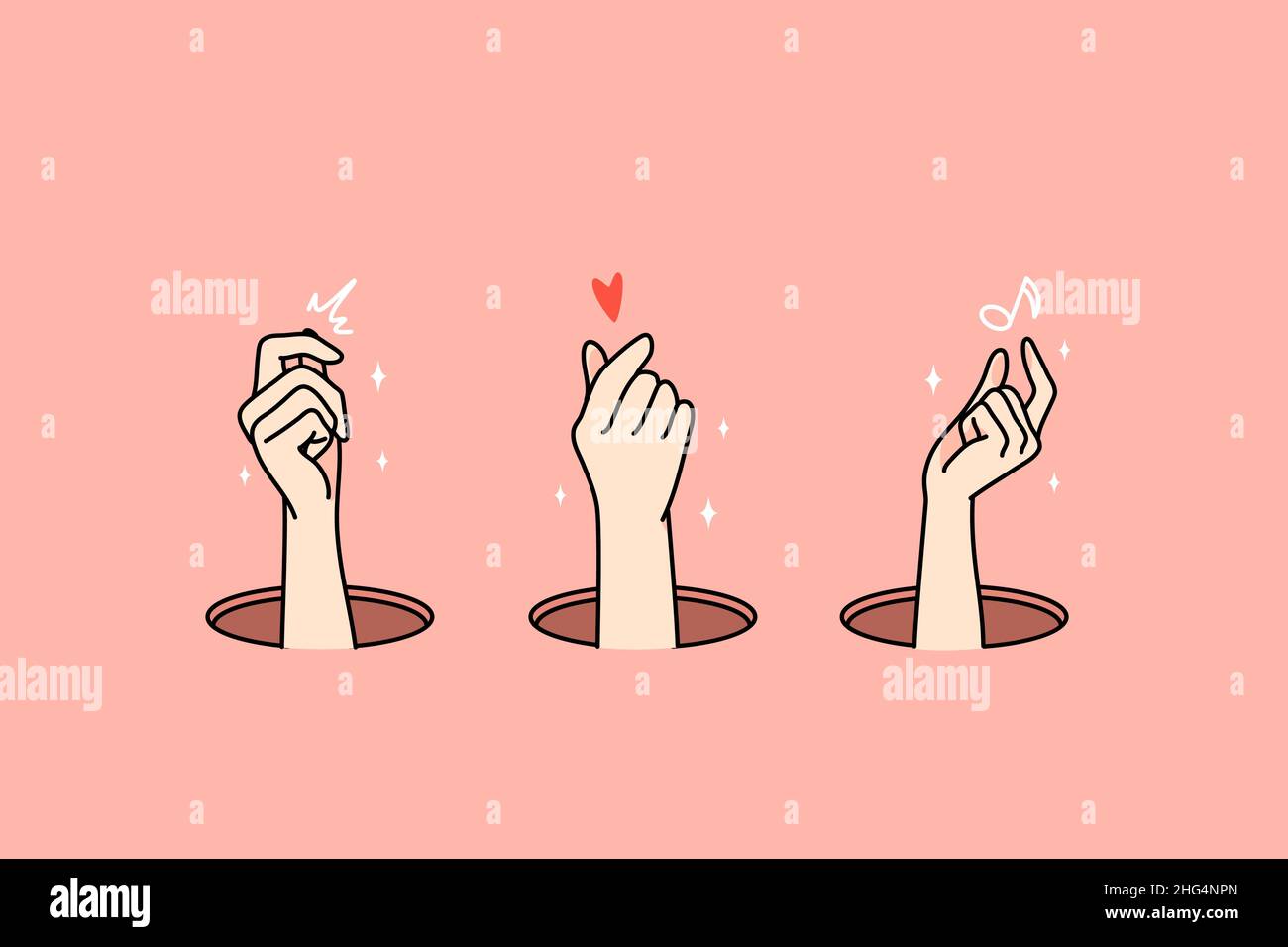 Donna mani mostra da buchi con cuore, simboli musicali. Braccio femmina ...