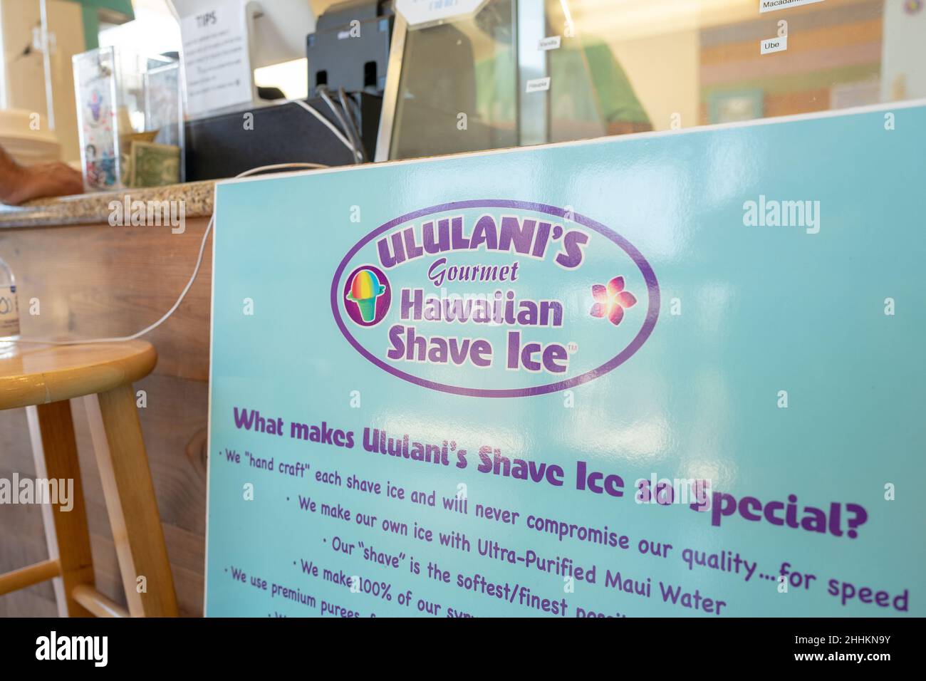 Il logo è visibile al ristorante Ululani's Shave Ice di Maui, Wailuku ...