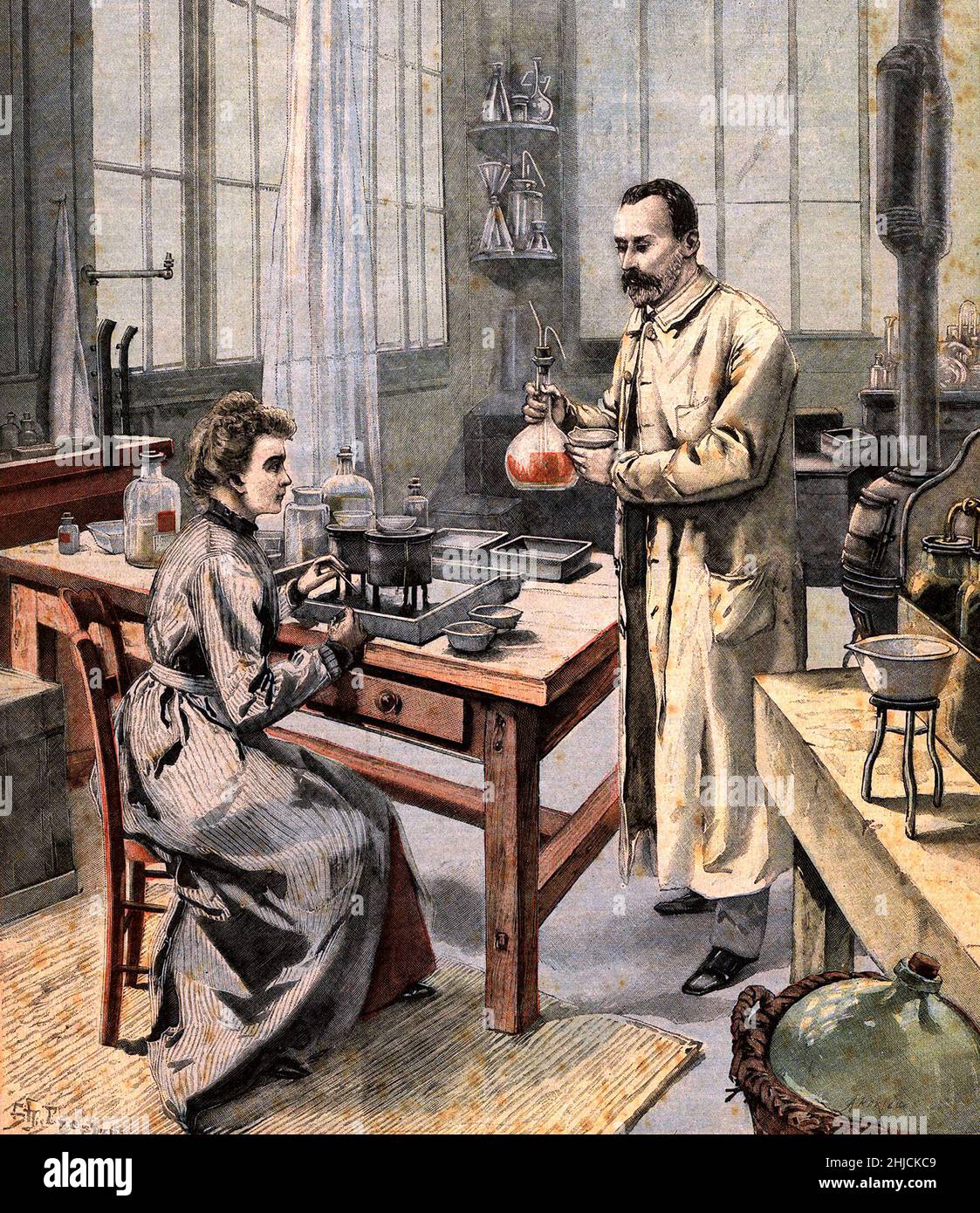 Marie e Pierre Curie nel loro laboratorio a Parigi. Illustrazione da le Petit Parisien, Jan, 10 ...