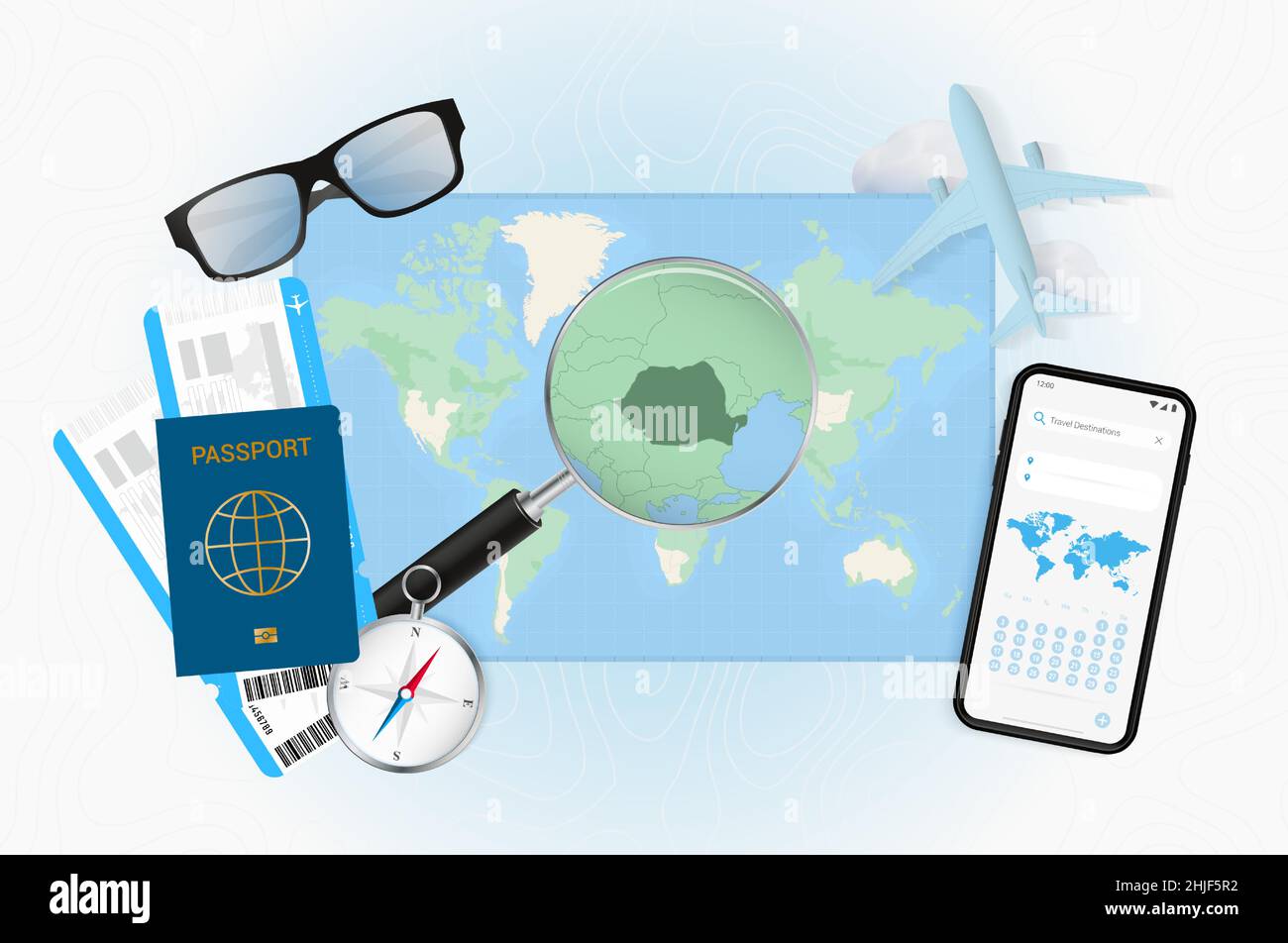 Illustrazione concettuale di un viaggio in Romania con attrezzatura da ...