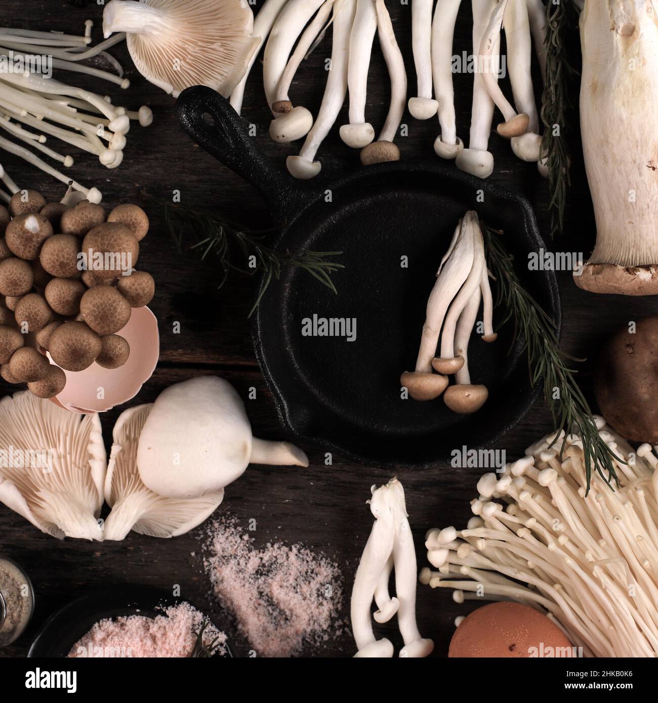 Vari tipi di funghi crudi - funghi Portobello, Champignons, Shimeji ...