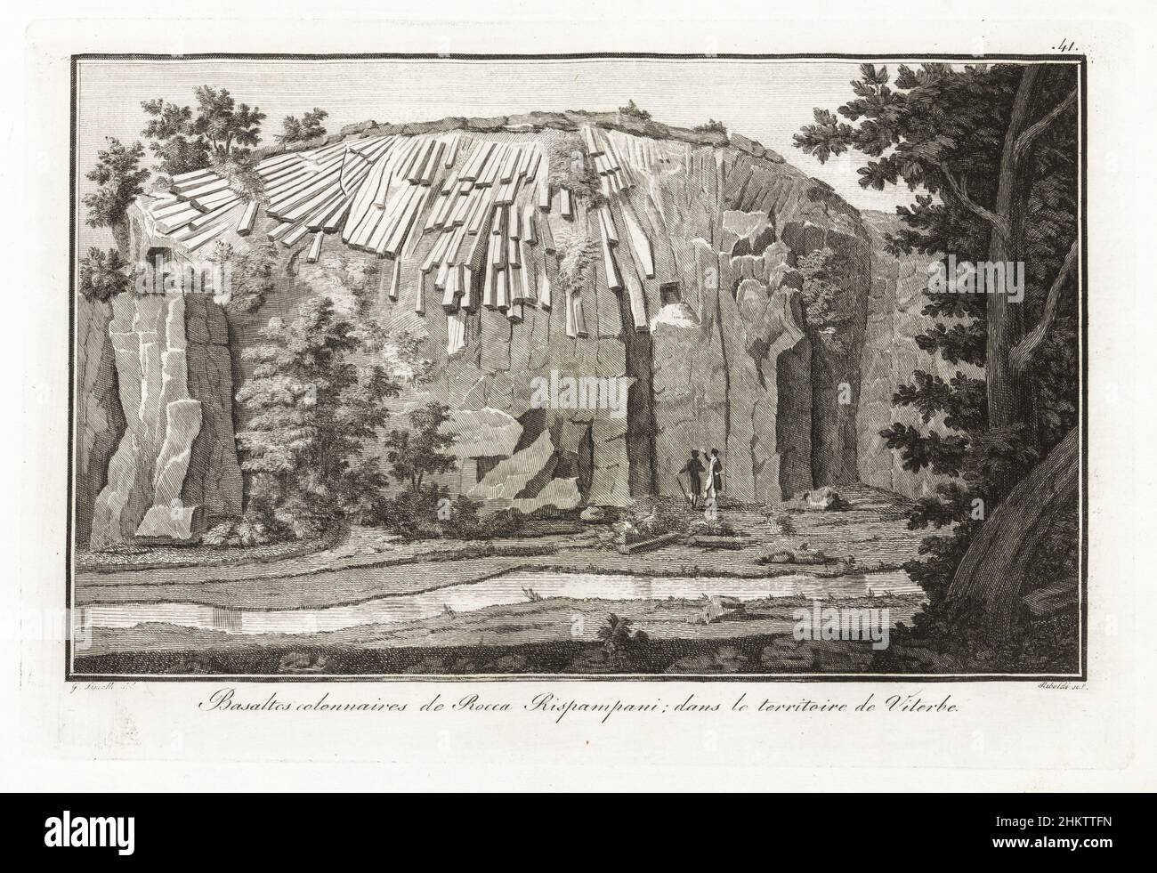 Geologi che studiano le colonne basaltiche a Roccarespampani, Viterbo ...