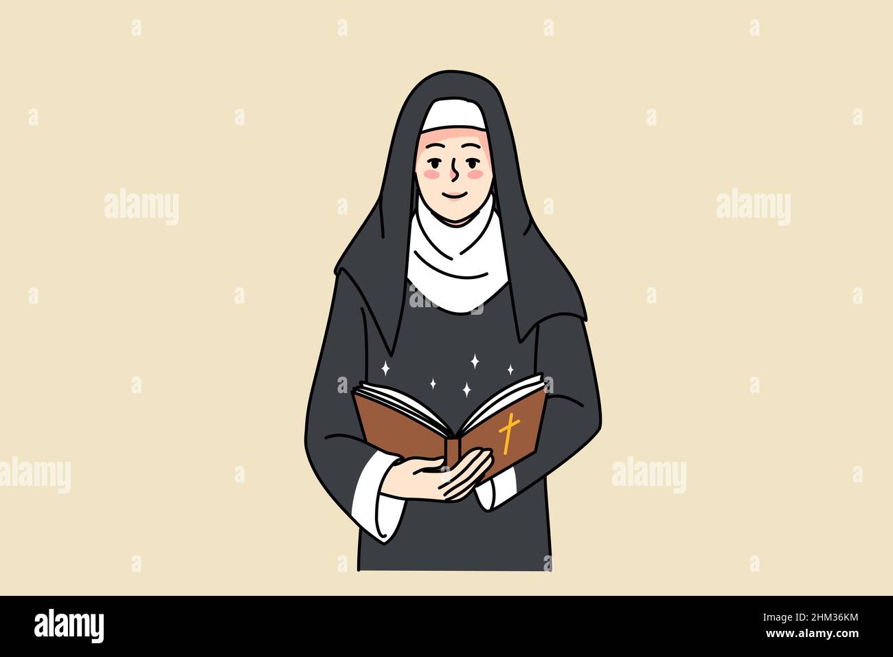 Sorella suora in abiti tradizionali leggere la bibbia in chiesa. Felice ...