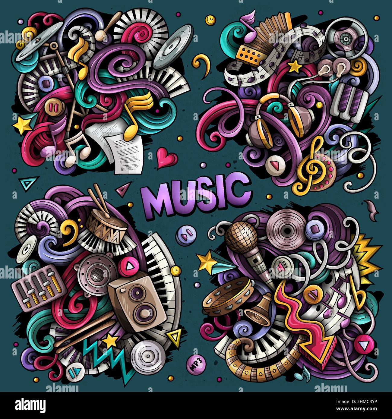 Set di disegni di fumetti vettoriali per musica. Composizioni colorate ...