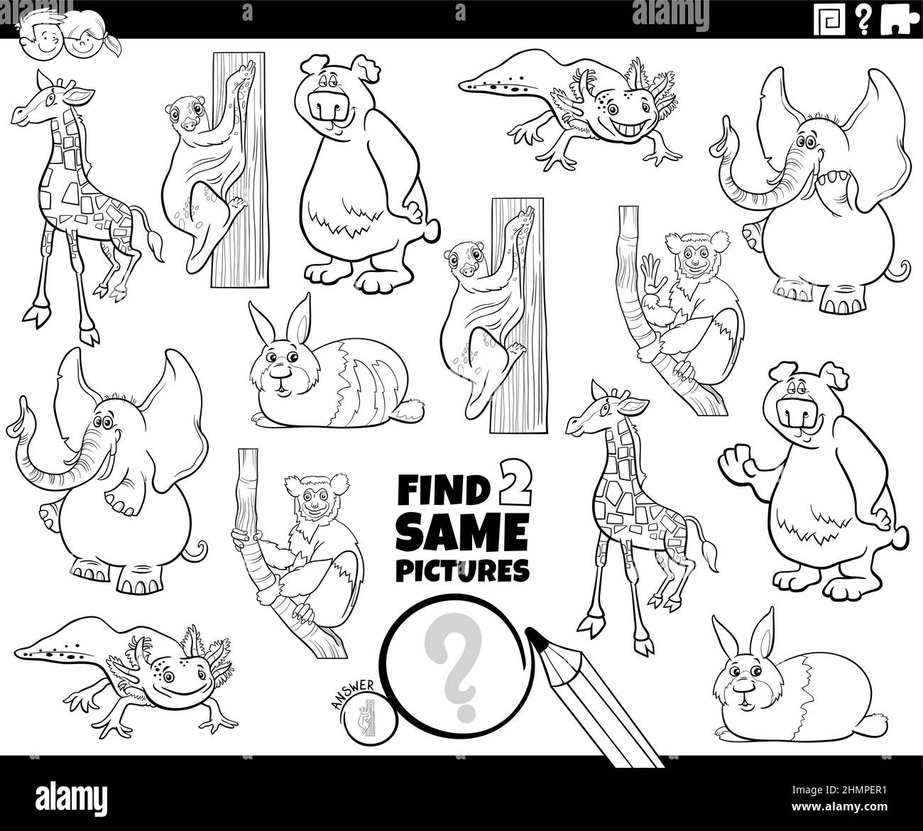 Illustrazione cartoon in bianco e nero della ricerca di due stesse ...